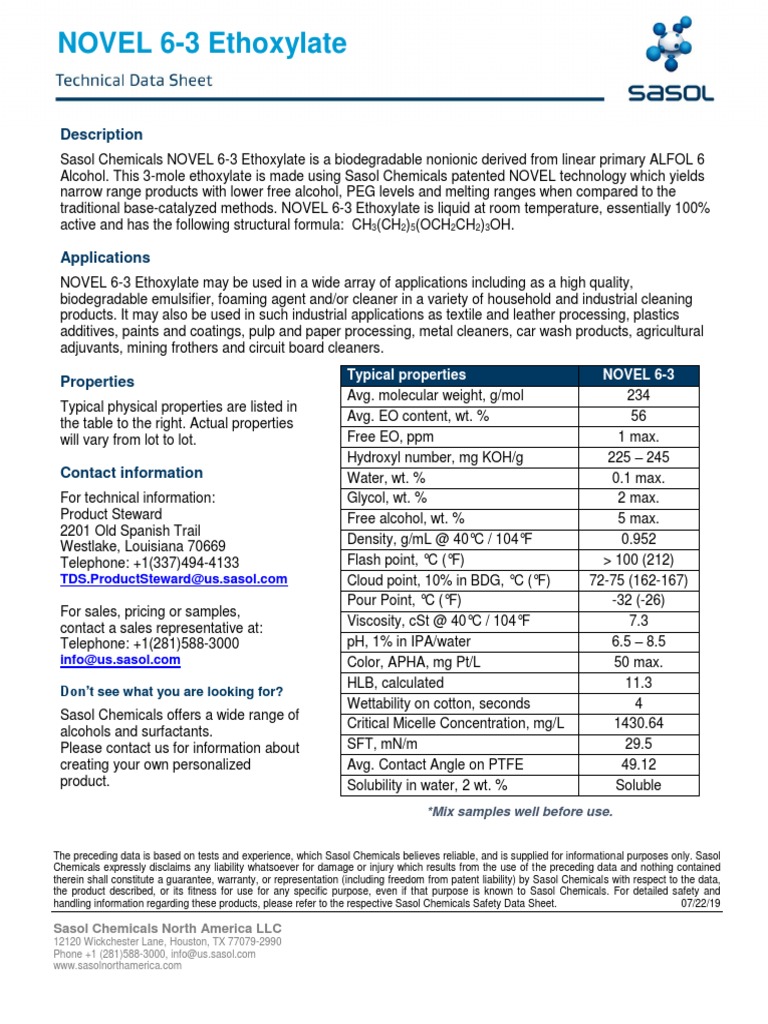 NOVEL 6-3 Ethoxylate Overview | PDF | Chemistry | Materials