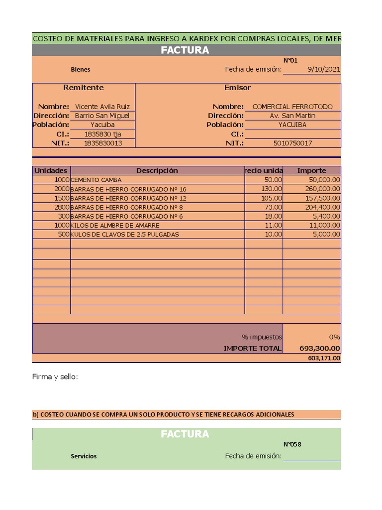 Costeo de materiales con y sin recargos adicionales | PDF | Factura | Business