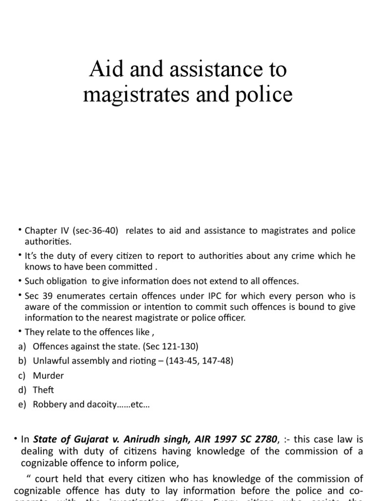 Aid and Assistance To Magistrates and Police | PDF