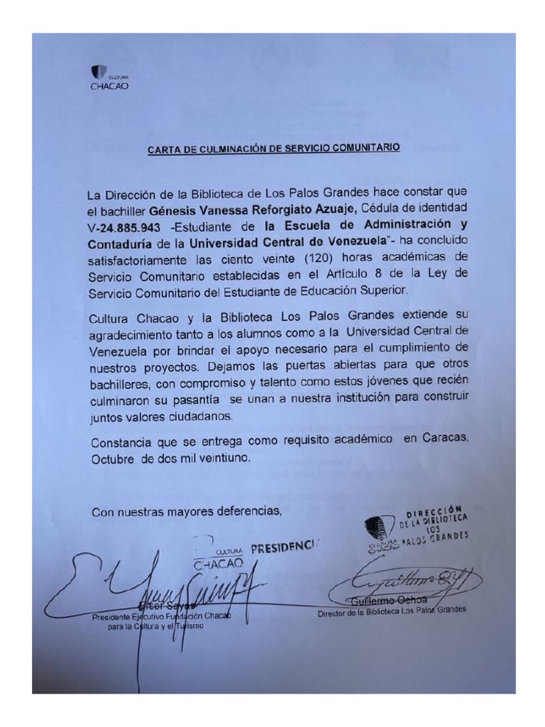 Carta de Culminacion Servicio Comunitario | PDF