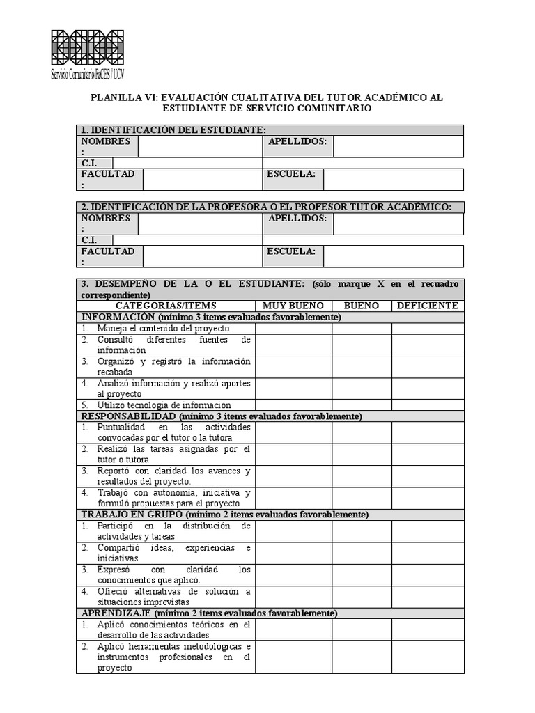 Planilla Vi. Informe Tutor Académico | Descargar gratis PDF | Evaluación | Aprendizaje