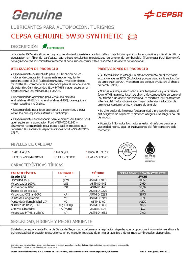 Cepsa Genuine 5w30 Synthetic | PDF | Lubricante | Motor diesel