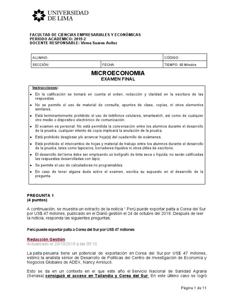 Solucionario Examen Final Microeconomía 2019 - 2 | PDF | Monopolio | Mercado (economía)