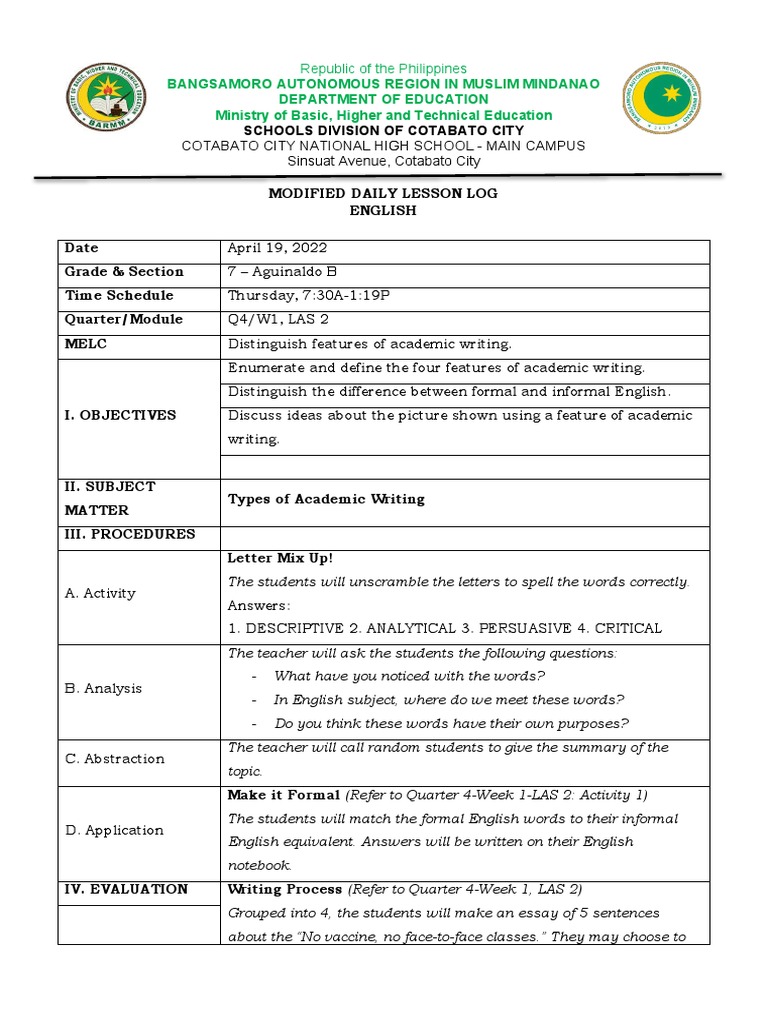 MDLL Cot1 | PDF | English Language | Essays