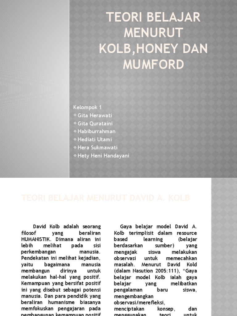 Kelompok 1 Belajar Dan Pembelajaran Teori Kolb, Honey Dan Mumford | PDF