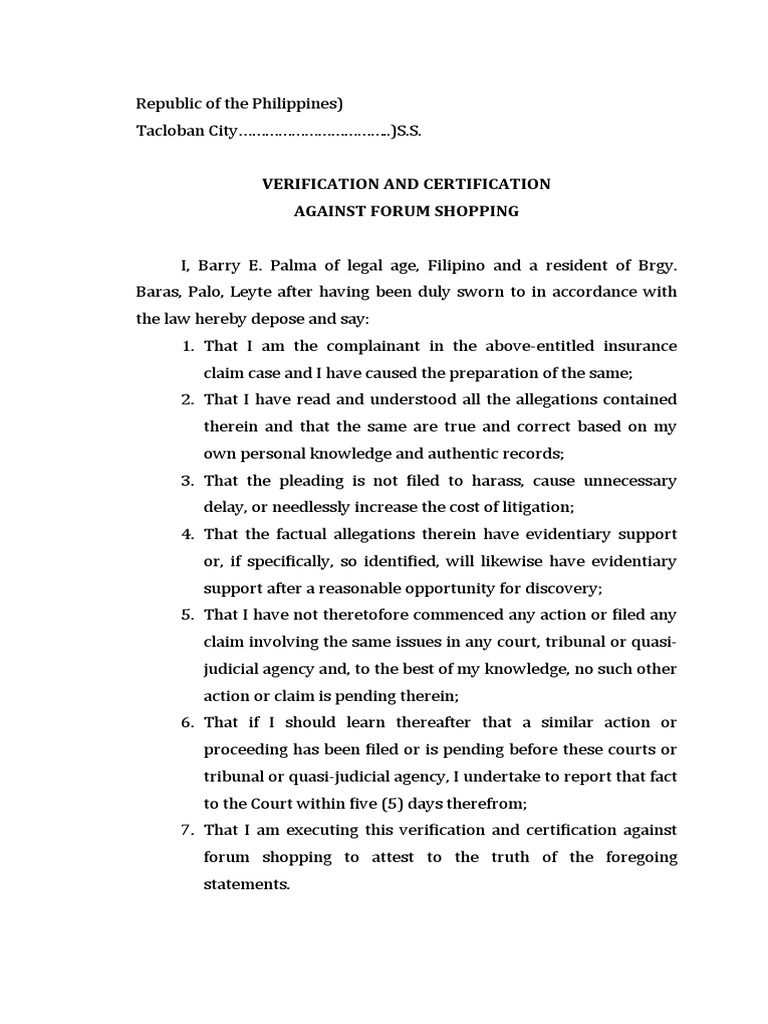 Verification Against Forum Shopping | PDF | Affidavit | Legal Procedure