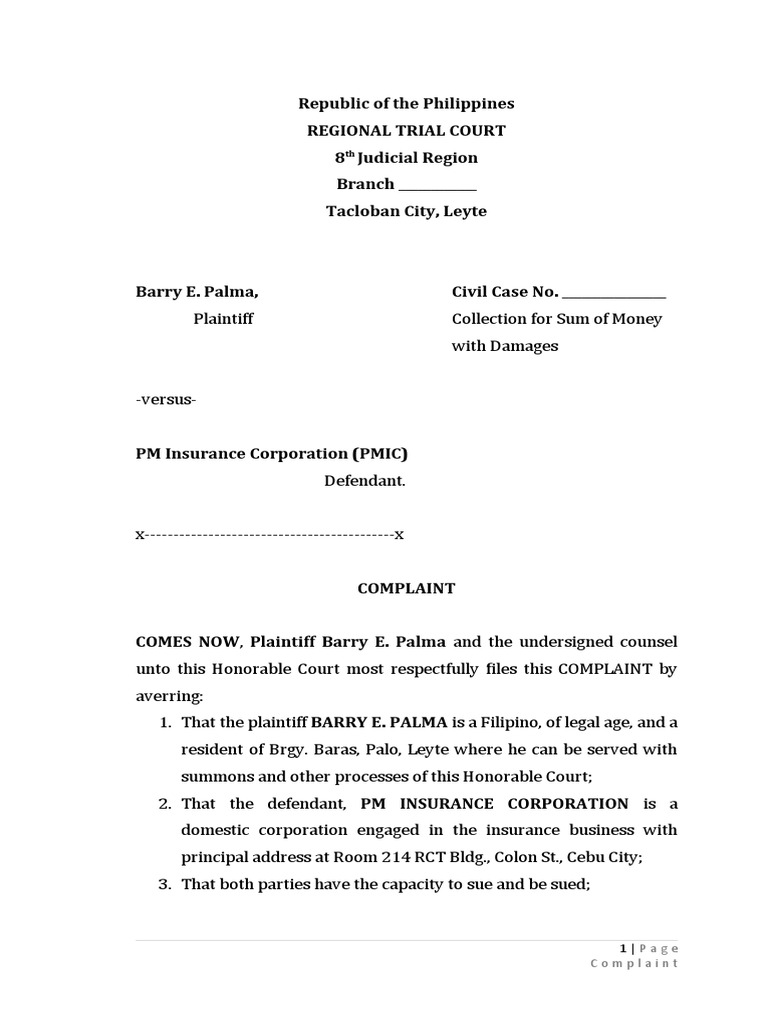 Insurance Claim Complaint | PDF | Lawsuit | Complaint