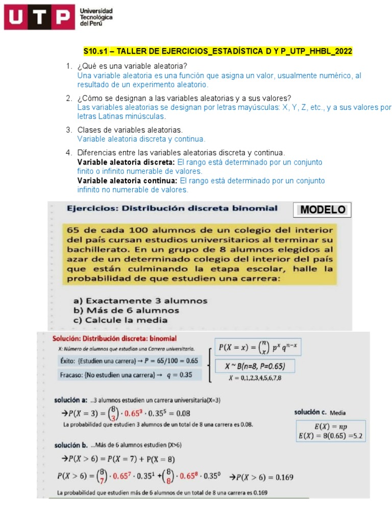 S10.s1 - TALLER DE EJERCICIOS | PDF | Variable aleatoria | Epistemología de la ciencia