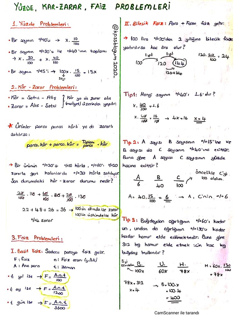 Yüzde Faiz Problemleri Not | PDF