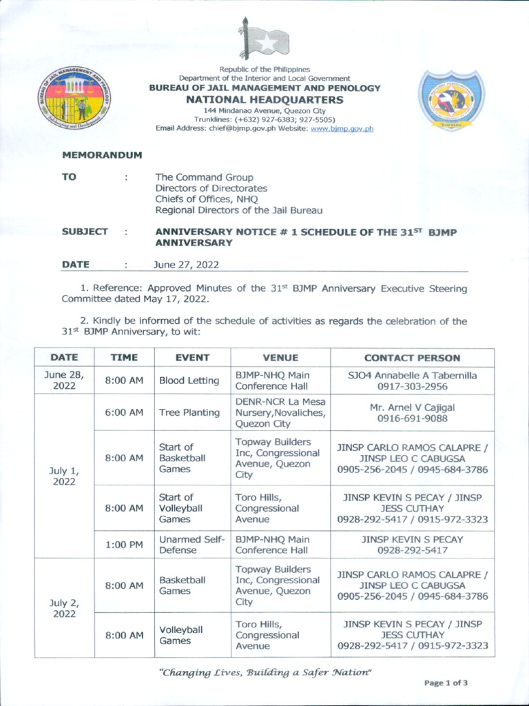 Anniversary Notice No 1 Schedule of The 31st BJMP Anniversary | PDF