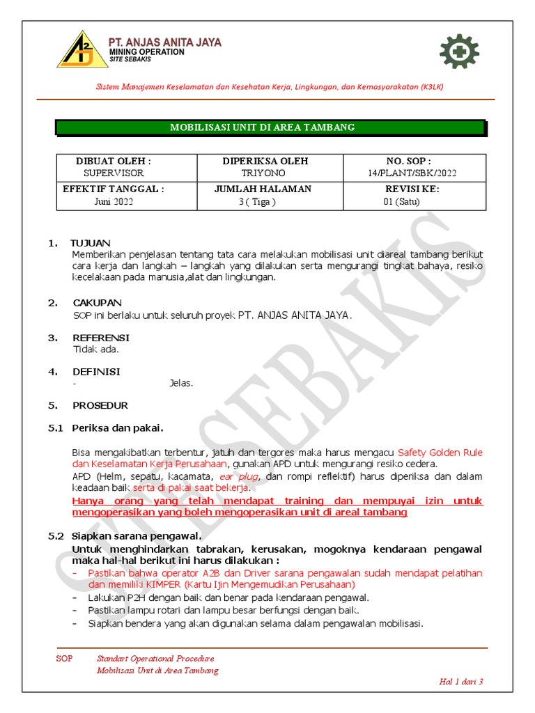 SOP - Mobilisasi Unit Di Area Tambang | PDF