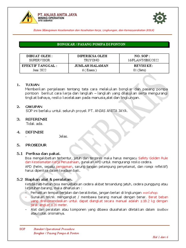 SOP - Bongkar Pasang Pompa Di Ponton | PDF