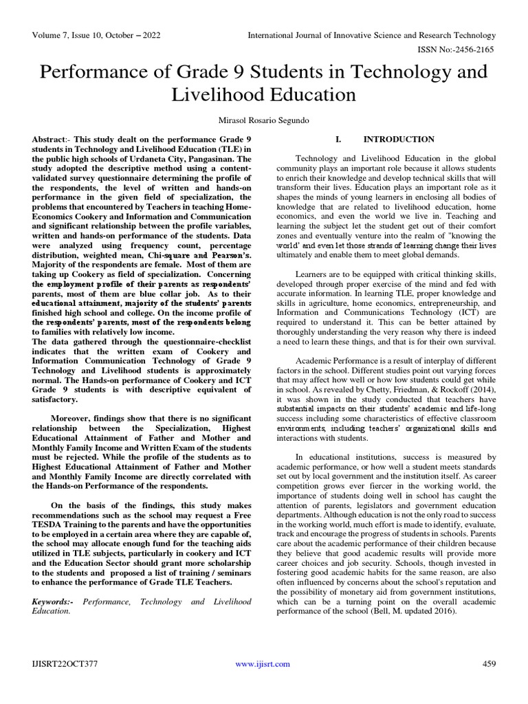 Performance of Grade 9 Students in Technology and Livelihood Education | PDF | Educational ...