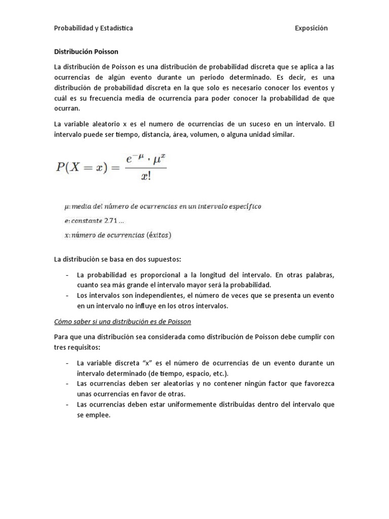 Distribución Poisson - Probabilidad y Estadistica | Descargar gratis PDF | Distribución de ...