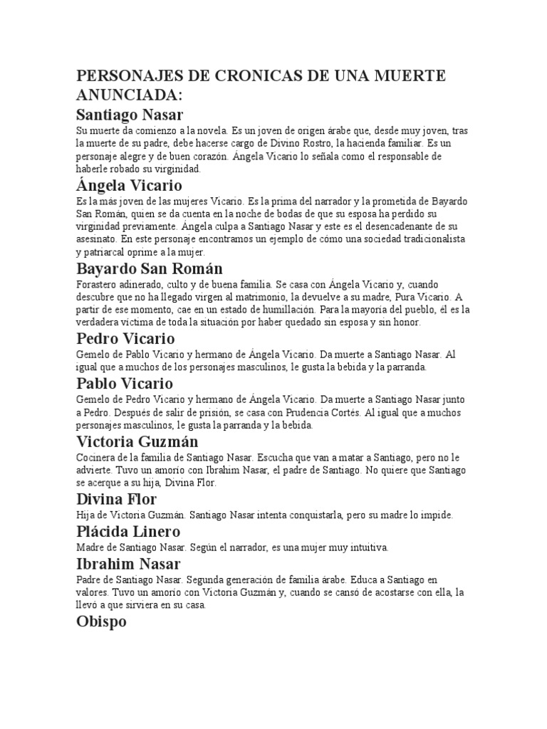 Personajes de Cronicas de Una Muerte Anunciada | PDF