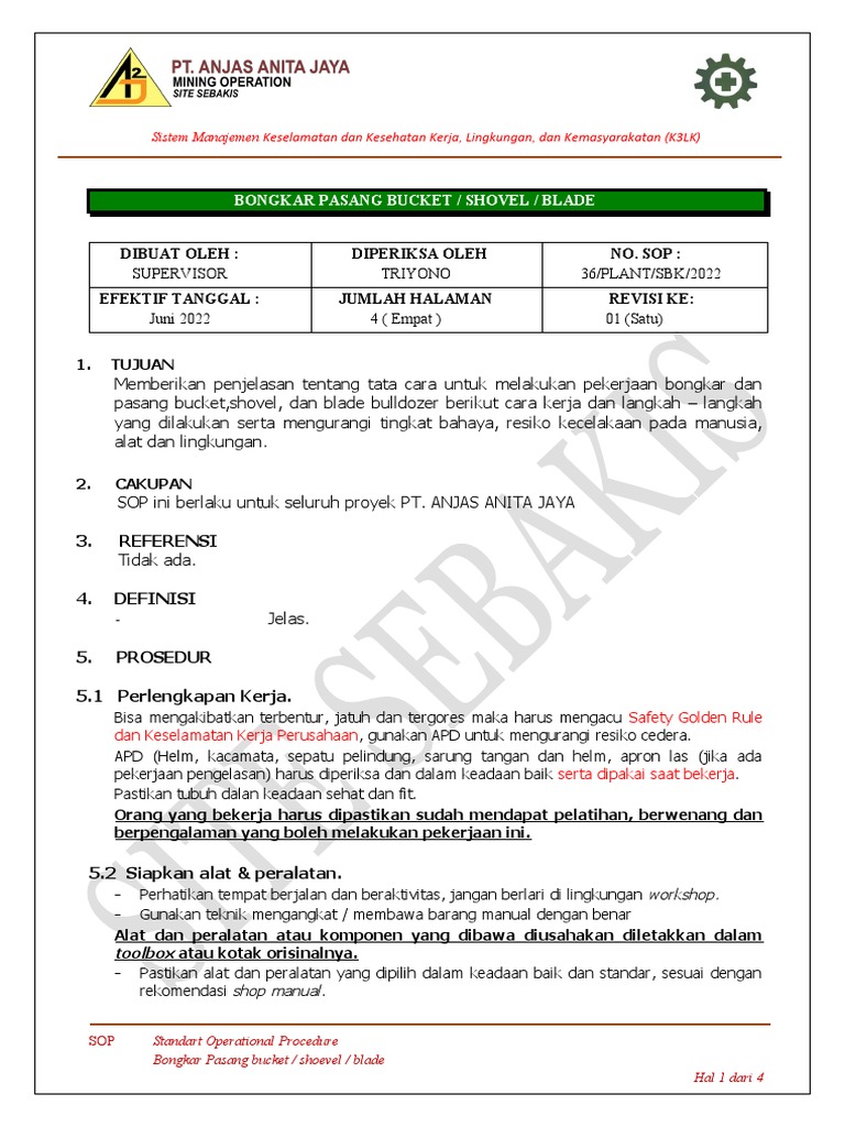 SOP - Bongkar Pasang Bucket & Blade | PDF