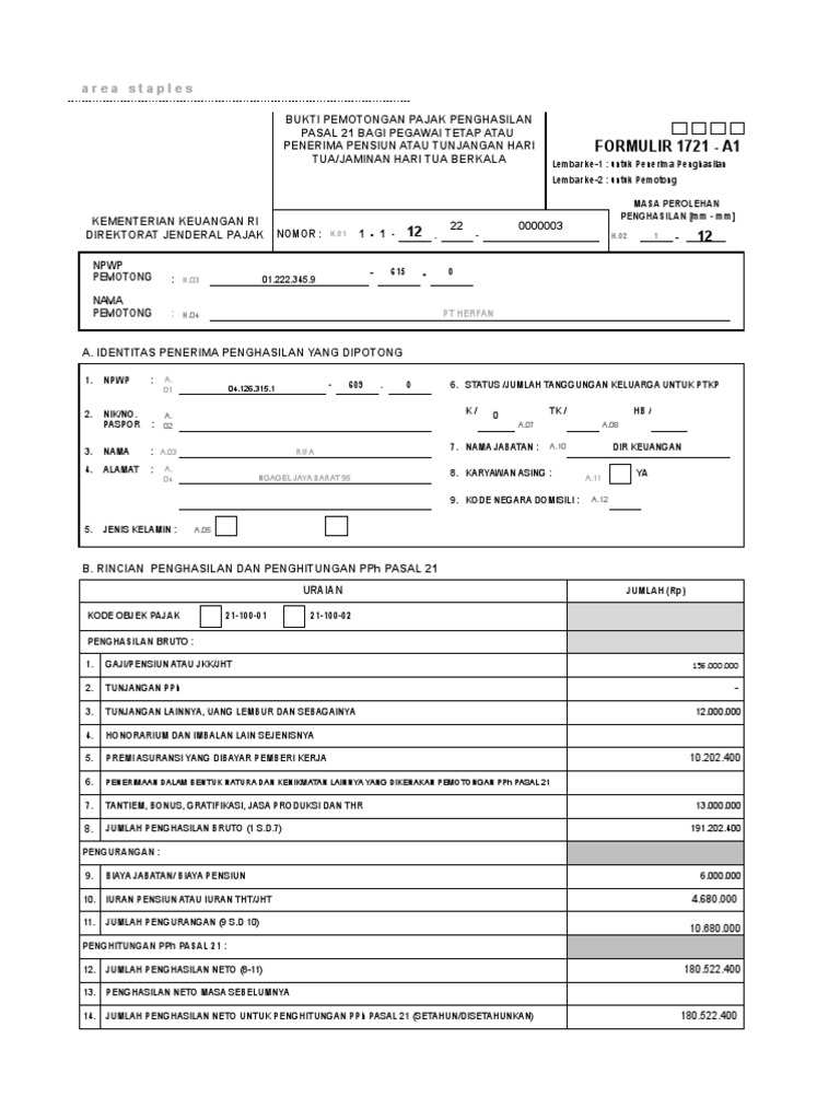 Formulir Bukti Potong PPh 21 1721-A1 | PDF