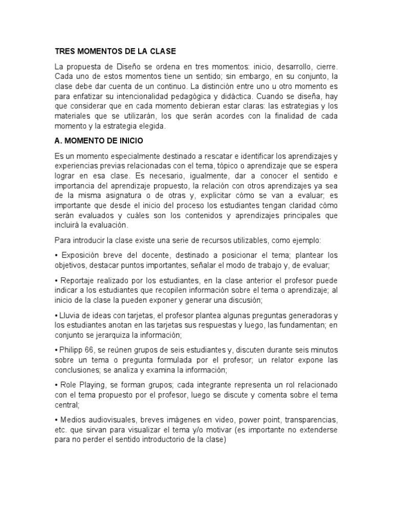 Tres Momentos de La Clase | PDF | Método de enseñanza | Aprendizaje