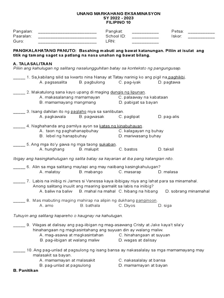 Filipino 10 Unang Markahan | PDF