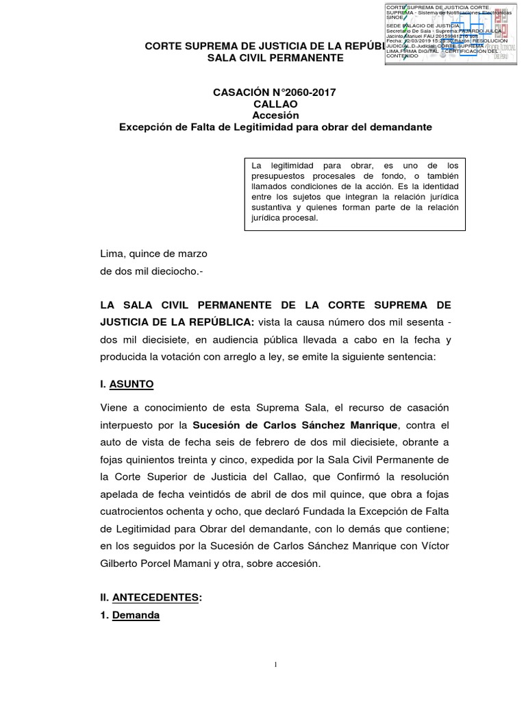 Casación N ° 2060 2017 Callao Accesión 15 Mar 2018 Sala Civil