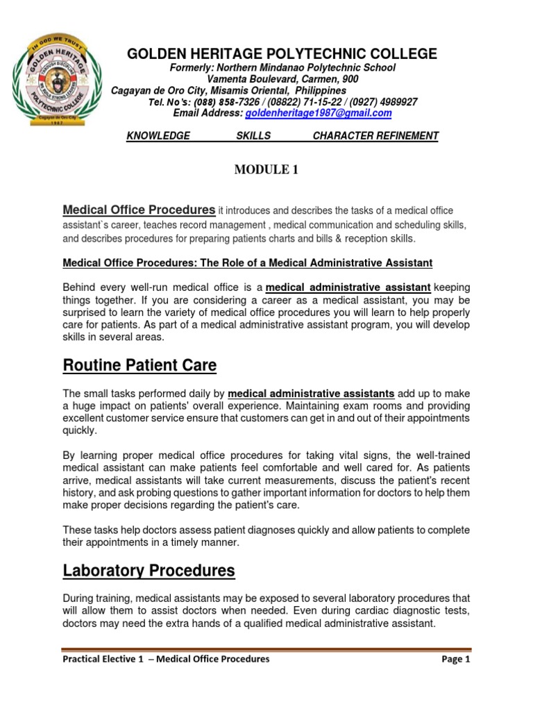Medical Office Procedures Overview | PDF | Medical Ethics | Medical Record