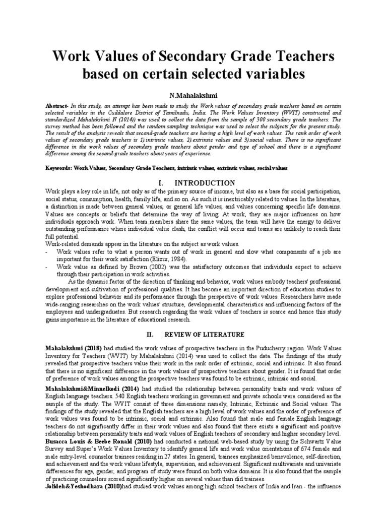 Secondary Teachers' Work Values | PDF | Motivational | Motivation