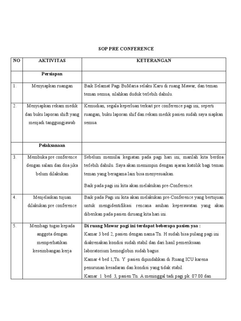 Sop Pre, Post Confrence Kasus A | PDF