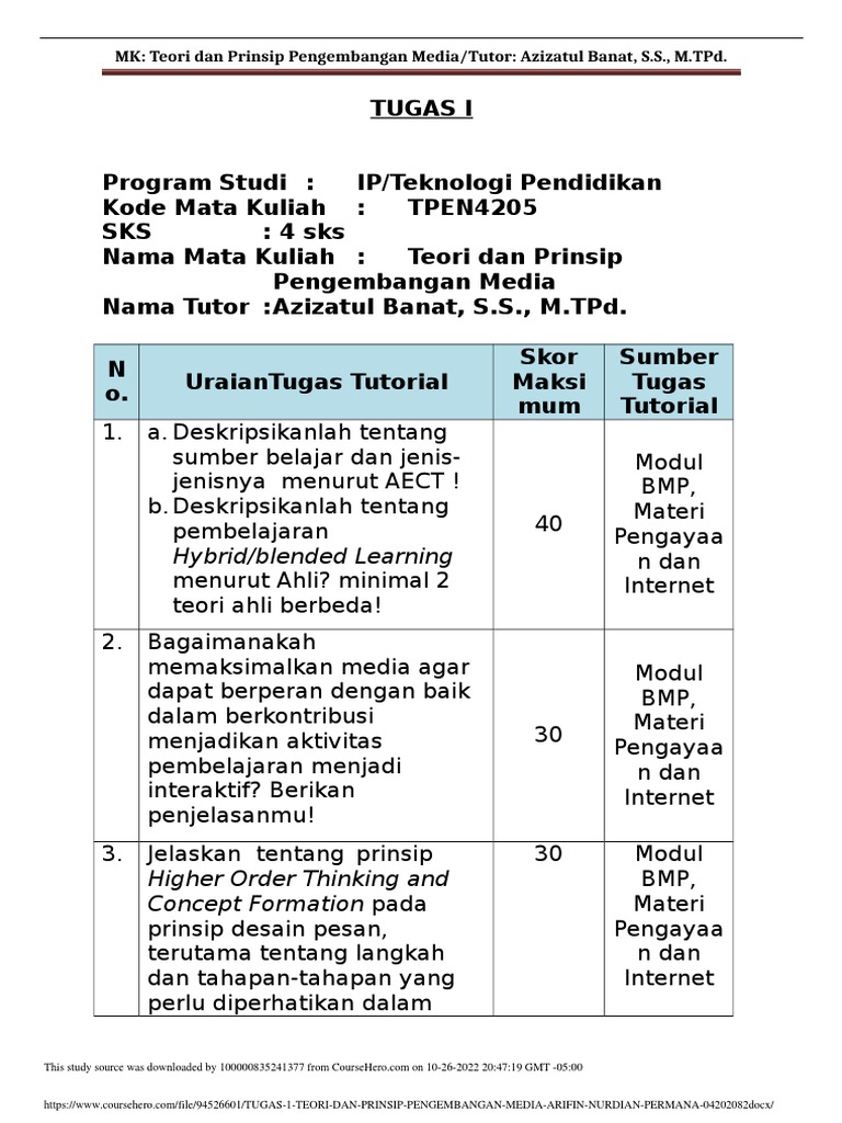 Tugas 1 Teori Dan Prinsip Pengembangan Media Arifin Nurdian Permana 04202082 | PDF | Karier ...