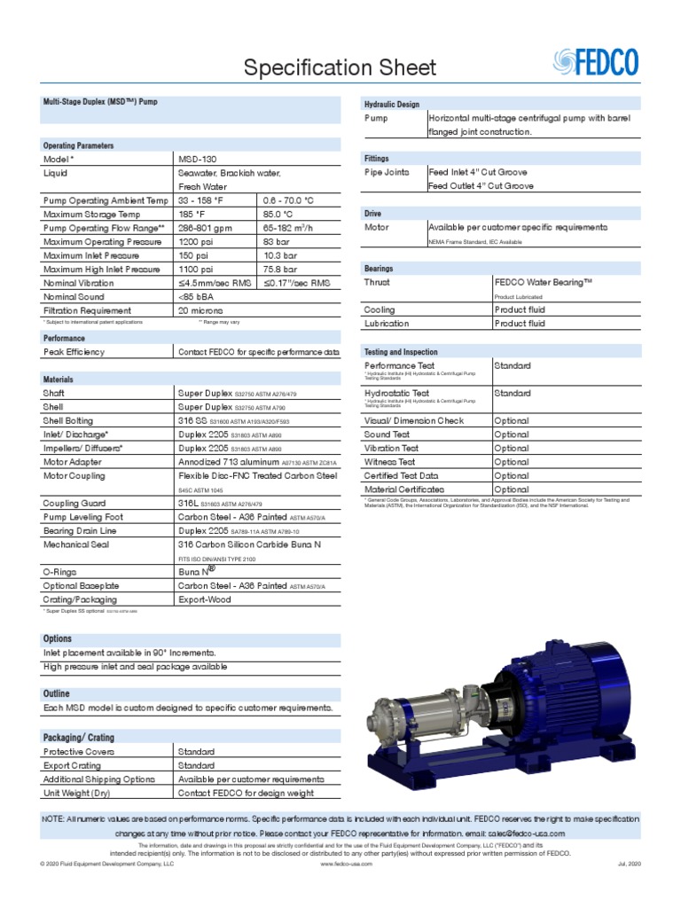 MSD 130 Spec Sheet | PDF | Pump | Bearing (Mechanical)