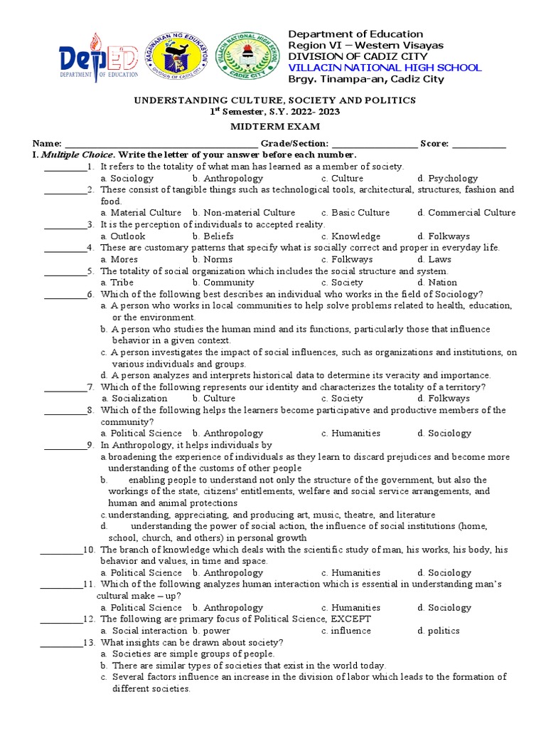 UCSP Midterm Exam 2022 | PDF | Human | Sociology
