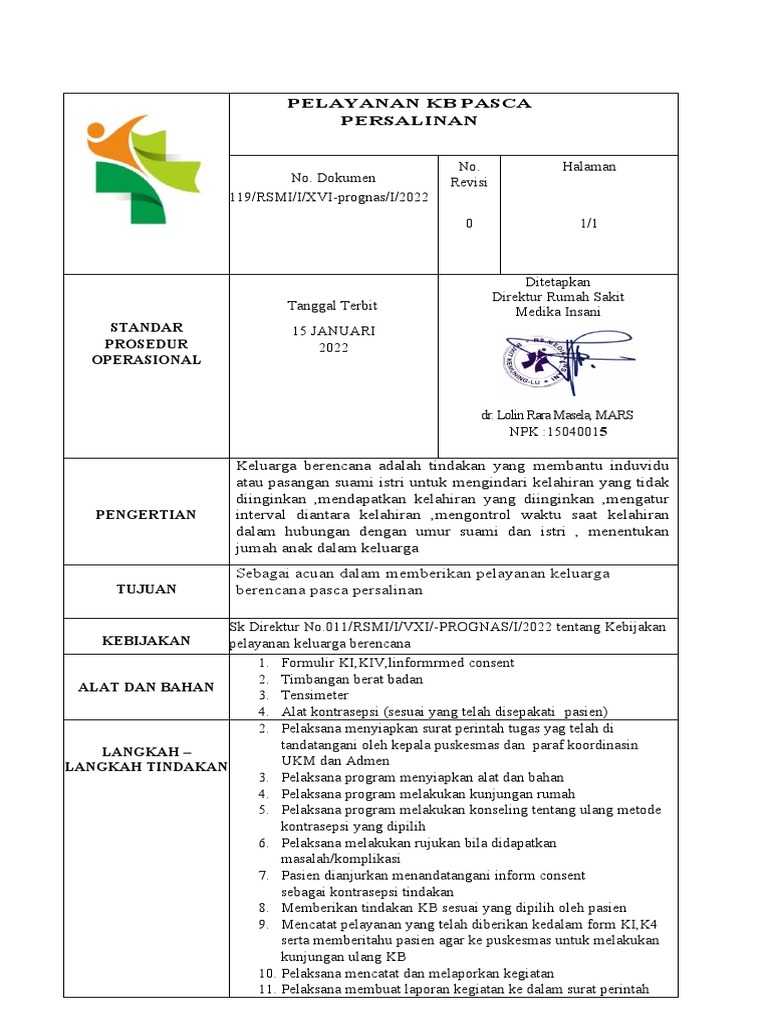 Sop Pelyanan KB Pasca Salin New | PDF