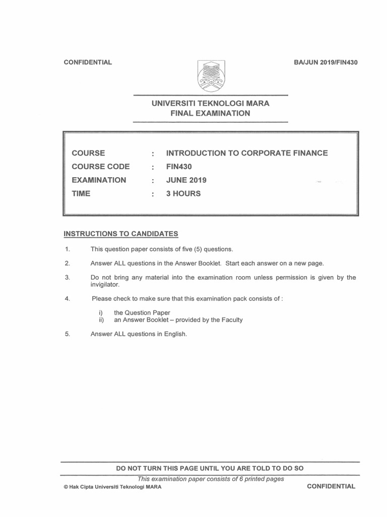 Faculty Business Management 2019 Session 2 Degree Fin430 Pdf 