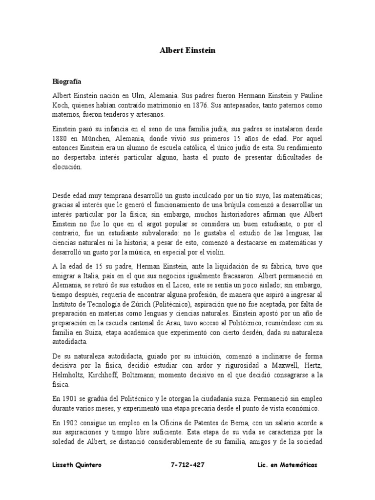 Biografía y Aportes de Einstein | PDF | Albert Einstein | Relatividad ...
