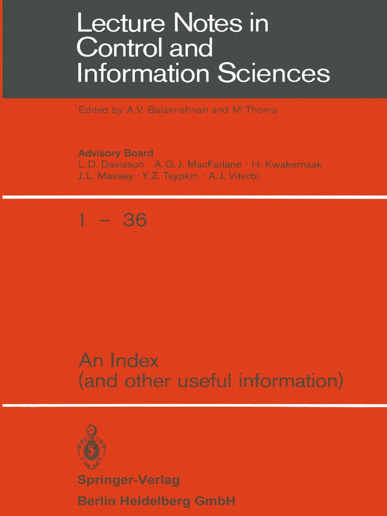 1981 Lecture Notes In Control And Information Sciences An Index And Other Useful Information