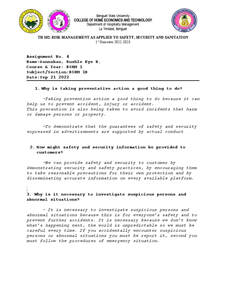 Gannaban Rushle Kye B. - TH102 - ASSIGNMENT - 4 | PDF | Safety | Risk