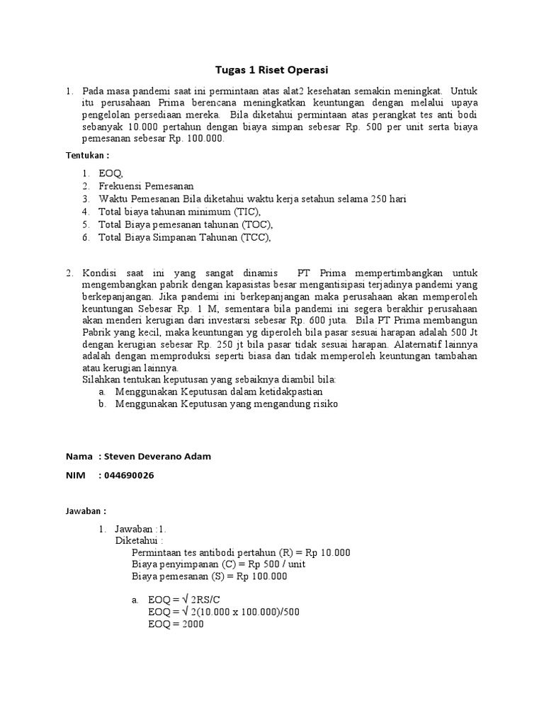 (044690026) Tugas 1 Riset Operasi | PDF | Sains & Matematika