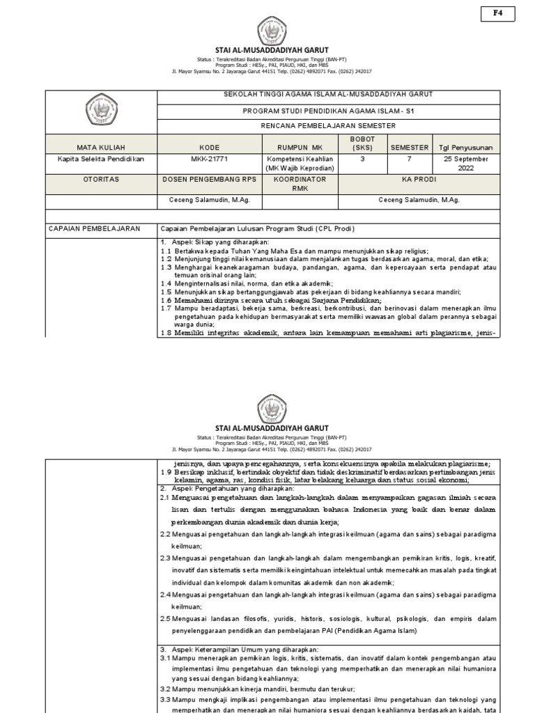 (Format Baru) RPS Kapita Selekta Pendidikan Ganjil Sem VII 2022-2023 Revisi | PDF