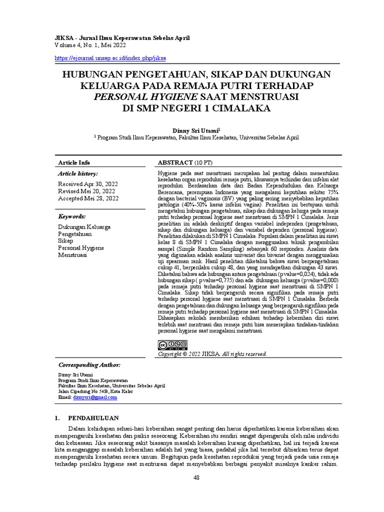 Vol 4 No 1 7 2022 Dinny Sri Utami Hubungan Pengetahuan Sikap Dan Dukungan Keluarga Dengan ...