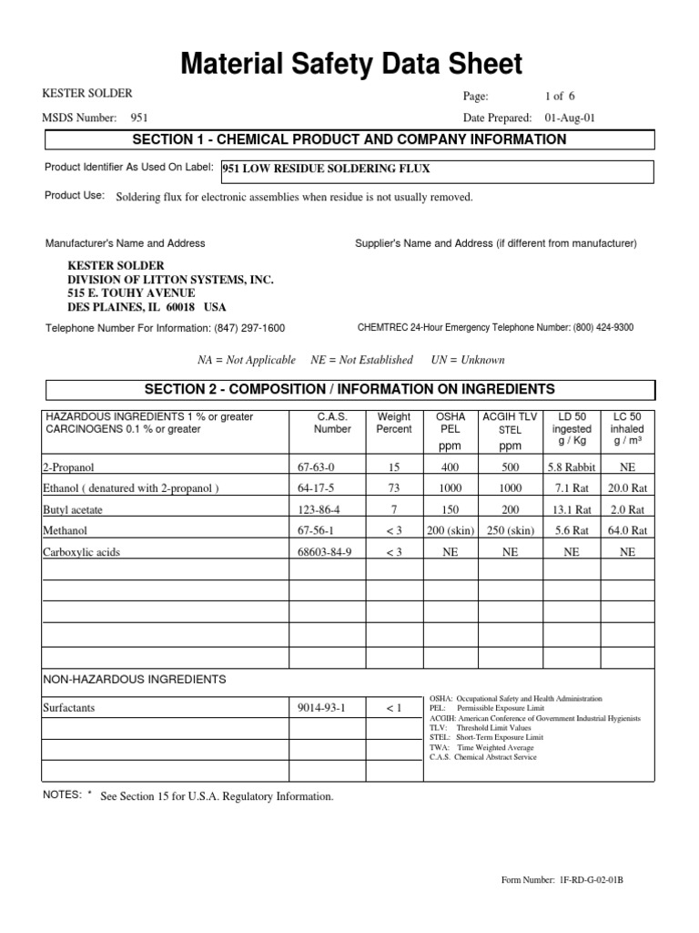 Kester 951 Soldering Flux MSDS | PDF | Water | Hazardous Waste
