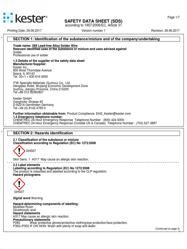Kester 268 Lead Free Alloy Solder Wire SDS Safety Data Sheet | PDF | Dangerous Goods | Toxicity