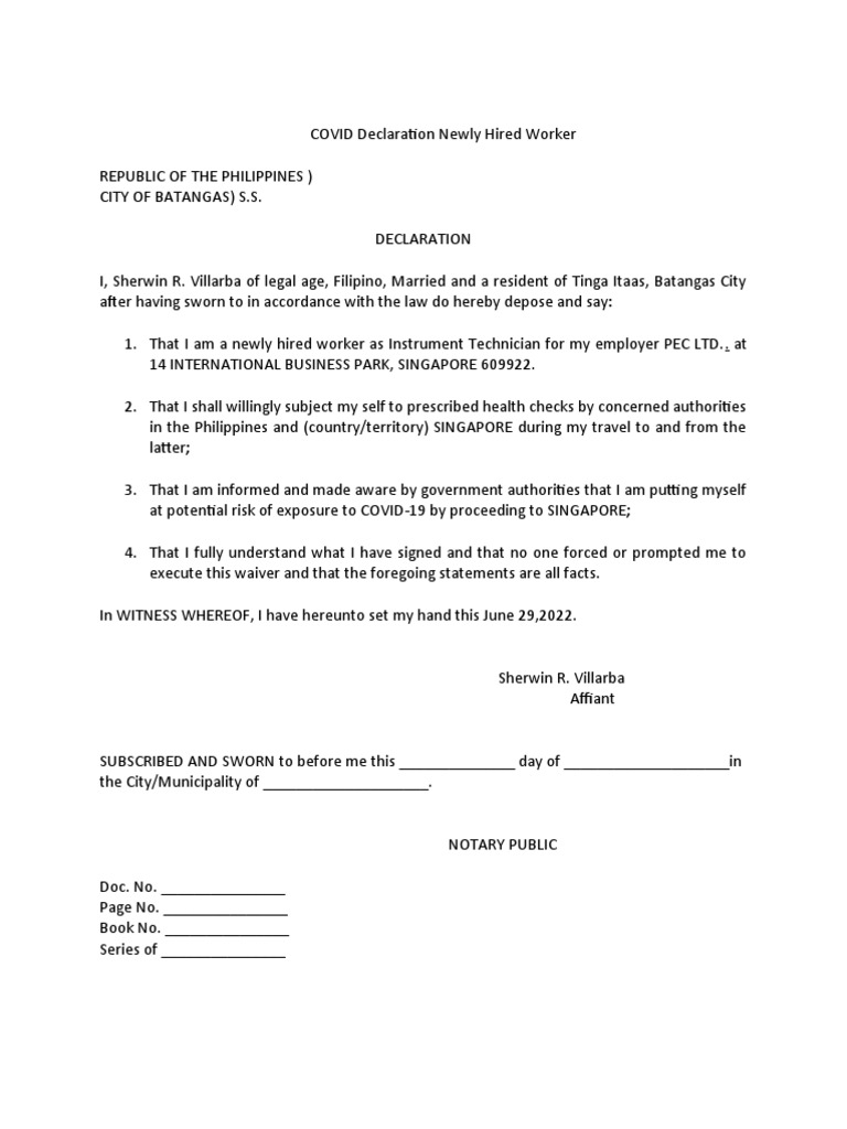 COVID Declaration Newly Hired Worker 1 1 | PDF | Finance & Money Management