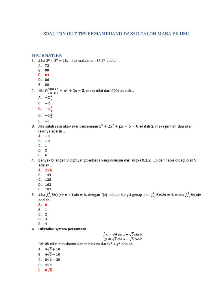 Soal Dan Jawaban Try Out Calon MABA FK UMI 2021 | PDF