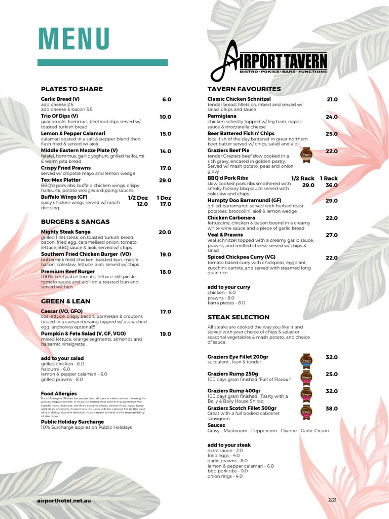 Airport Tavern Menu and Prices | PDF | Hamburgers | French Fries