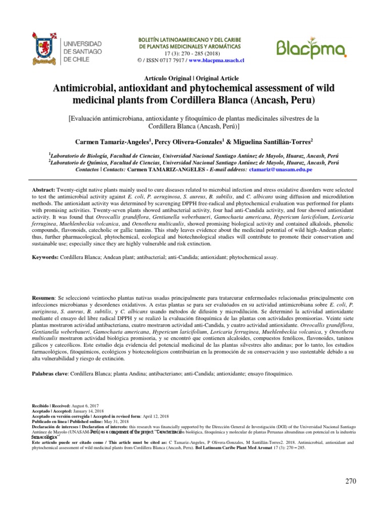 Antimicrobial, Antioxidant and Phytochemical Assessment of Wild Medicinal Plants From Cordillera ...