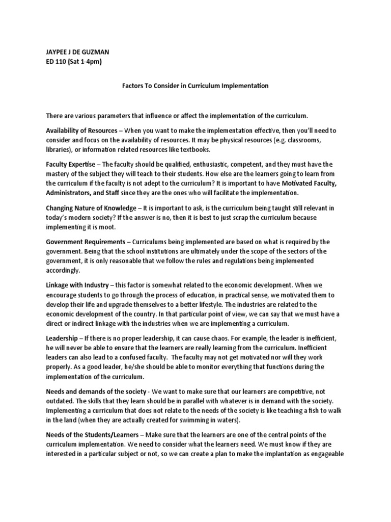 Factors To Consider in Curriculum Implementation | PDF | Curriculum | Learning