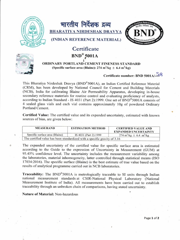 BND-5001A Certification for OPC Fineness | PDF | Calibration | Science