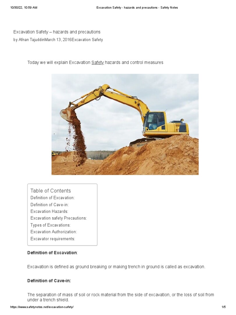 Excavation Safety - Hazards and Precautions - Safety Notes | PDF ...