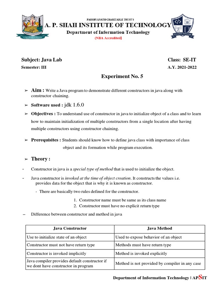 Jpl Expt No05 Minor Manual Pdf Programming Constructor Object Oriented Programming 3721