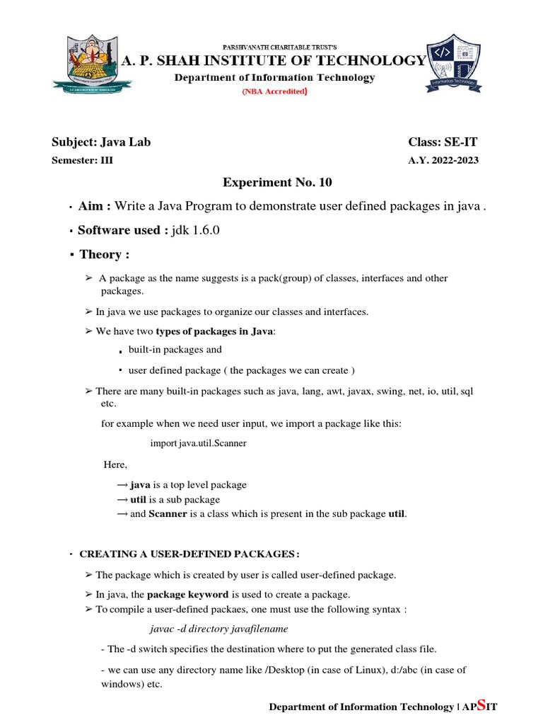 JPL - Expt No.10 - Minor Manual | PDF | Java (Programming Language) | Class (Computer Programming)