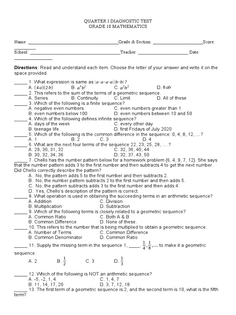TQ q1 Math10 Diagnostic Test | PDF | Polynomial | Numbers